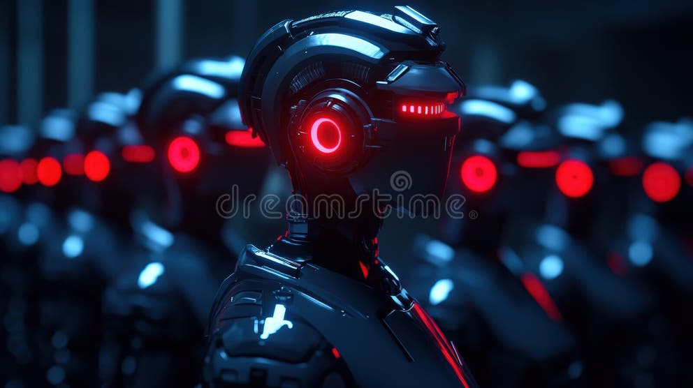Side View of Futuristic Robots with Red Illuminated Details Stock Photo ...