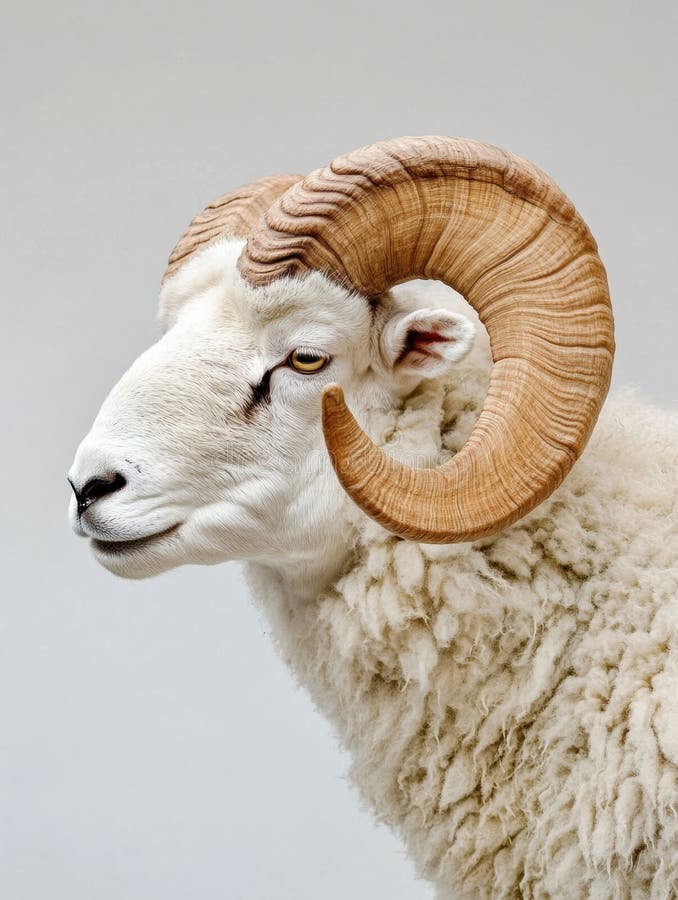 Profile View of a Ram Displaying Large Curved Horns with Textured Wool ...