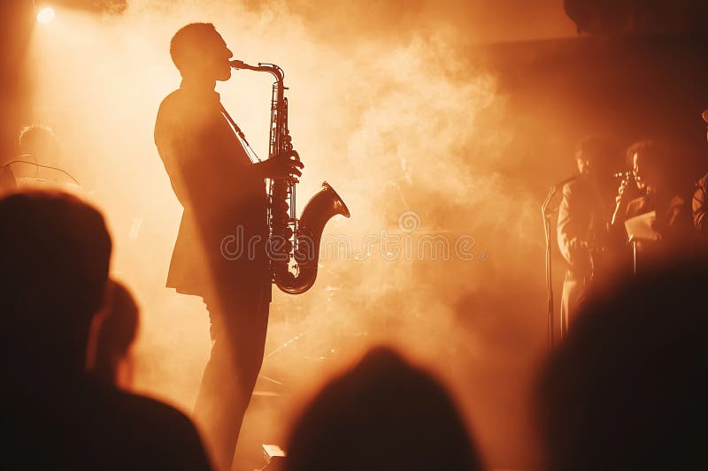 Profile View Silhouette Man Playing Saxophone on Stage in Bar with Back ...
