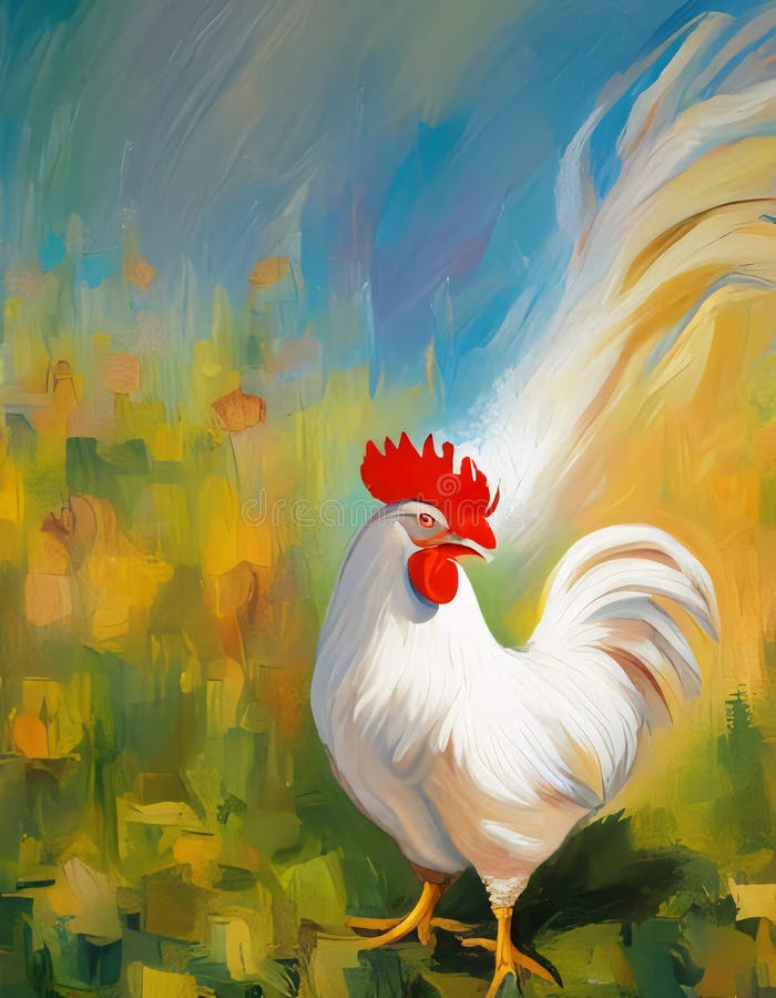 Profile of a White Rooster Crowing Against a Vibrant Backdrop ...
