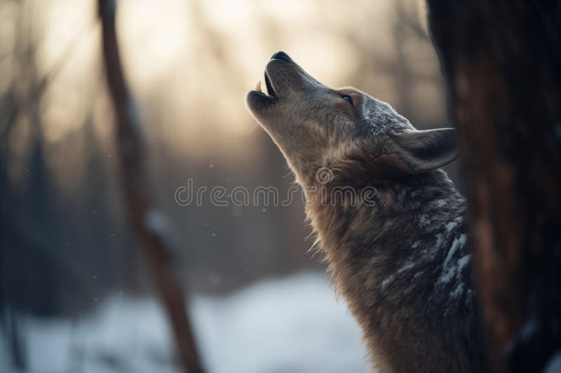 Profile of Wolf Howling at Twilight in Winter Woods Stock Illustration ...