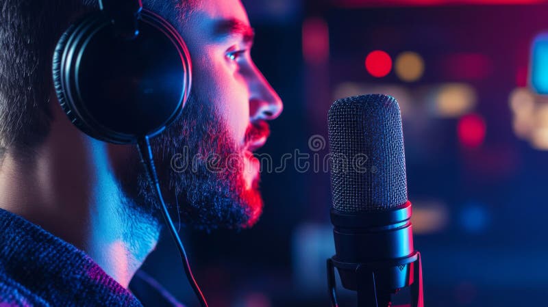 Profile of a Young Man Singing into Microphone with Headphones in Blue ...