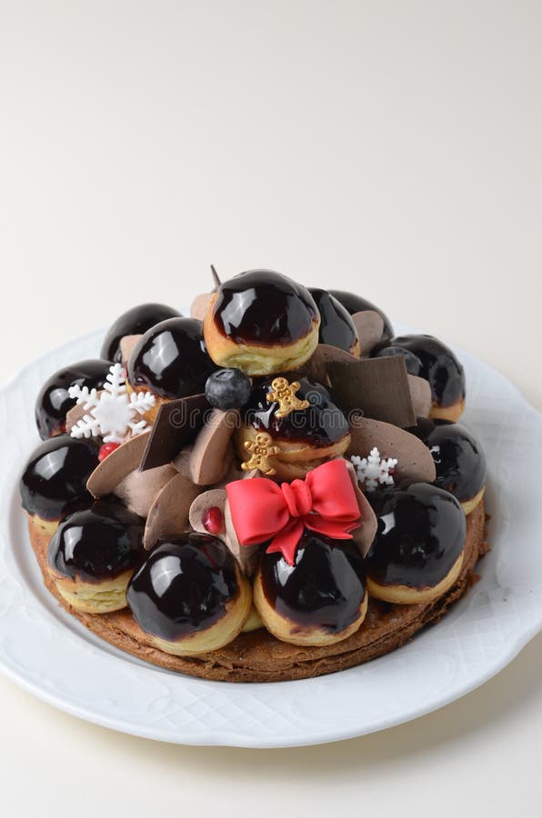 Profiterole Cake, St. Honore Cake with Christmas Decor on White ...