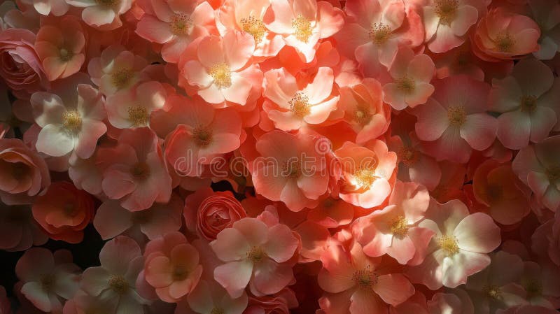 A Profusion of Delicate Coral Roses Bathed in Sunlight Stock ...