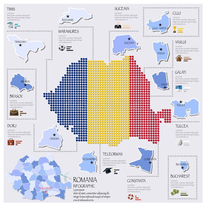 Progettazione Di Dot and Flag Map of Romania Infographic Illustrazione ...
