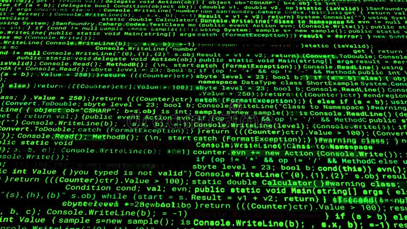 Large Program Text on Black Background. Animation. Real Program Text with Many Encodings and ...