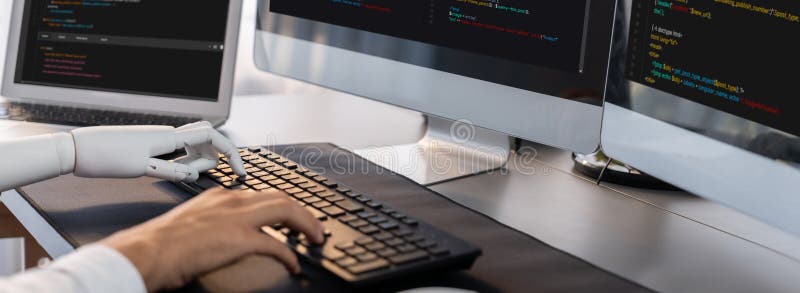 Collaboration between Robotic Hand and Human Software Developer. Trailblazing Stock Image ...