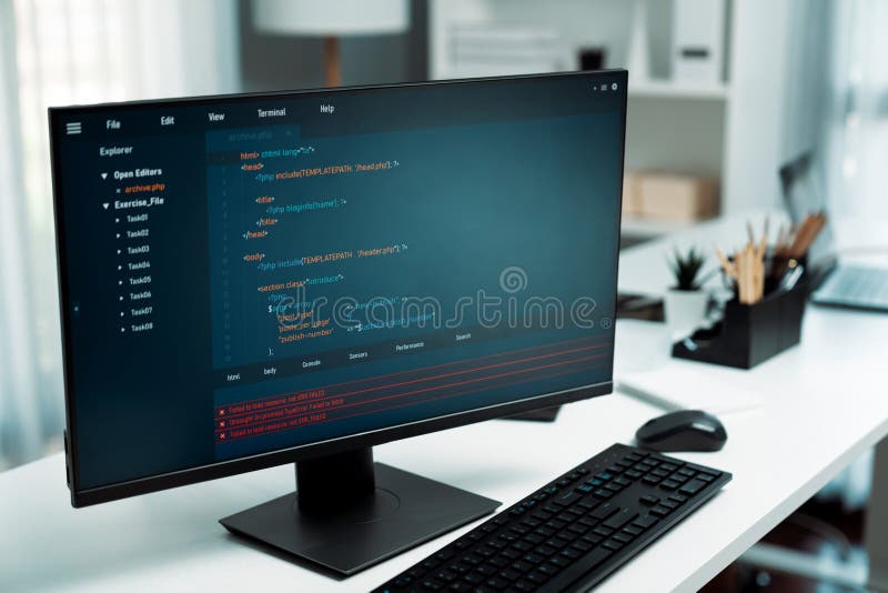 Program Coding Showing on Pc Monitor Standing on Desk Working. Postulate. Stock Image - Image of ...