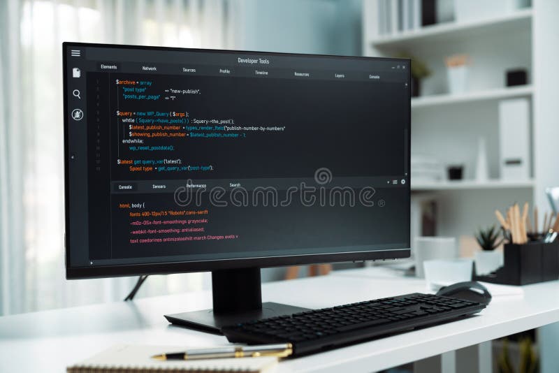 Program Coding Showing On Pc Monitor Standing On Desk Working Postulate Stock Image Image Of