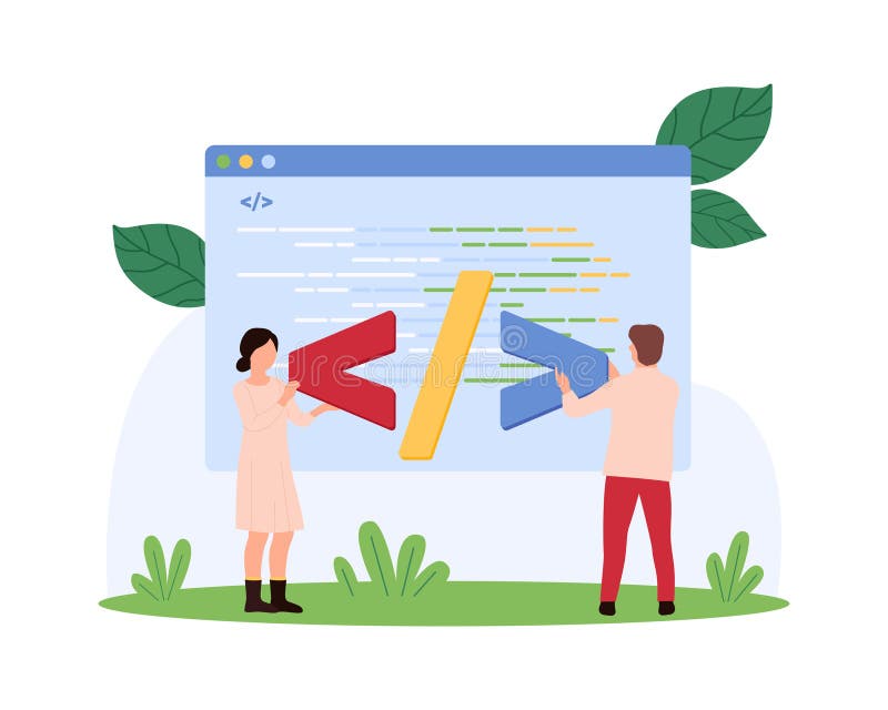 Program And Software Code Development Tiny People Coding Coders Work With Script Stock Vector