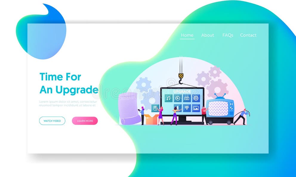 Program Upgrading Landing Page Template. Tiny Characters at Huge Computer Monitor with App ...