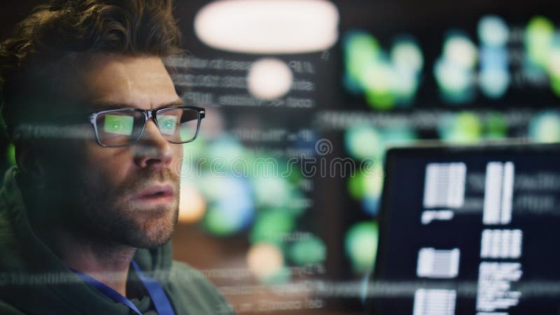 It Programer Checking Computer Code Data Hologram Closeup. Engineer Man Working Stock Photo ...