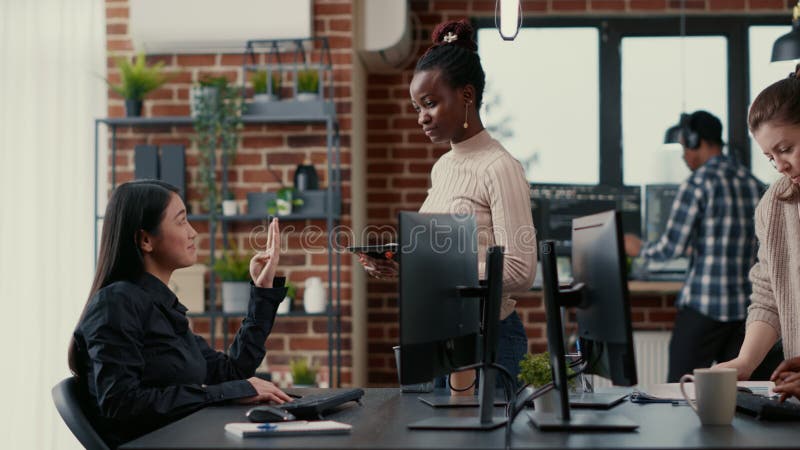 Programer Standing Up Holding Digital Tablet Talking with Coder Sitting ...