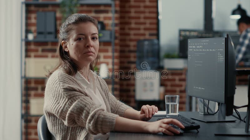Programer Typing Source Code On Computer Keyboard Turning Head And Smiling Stock Video Video 6316
