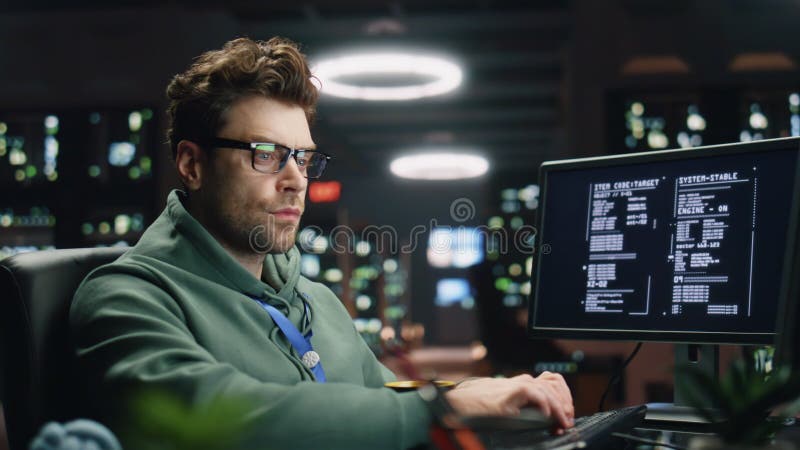 It Programer Working Keyboard Desktop Computer Data Center Control Room Closeup Stock Video ...