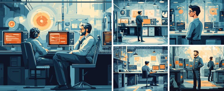 Programists in Server Room Cartoon Scenes. System Administrators it ...