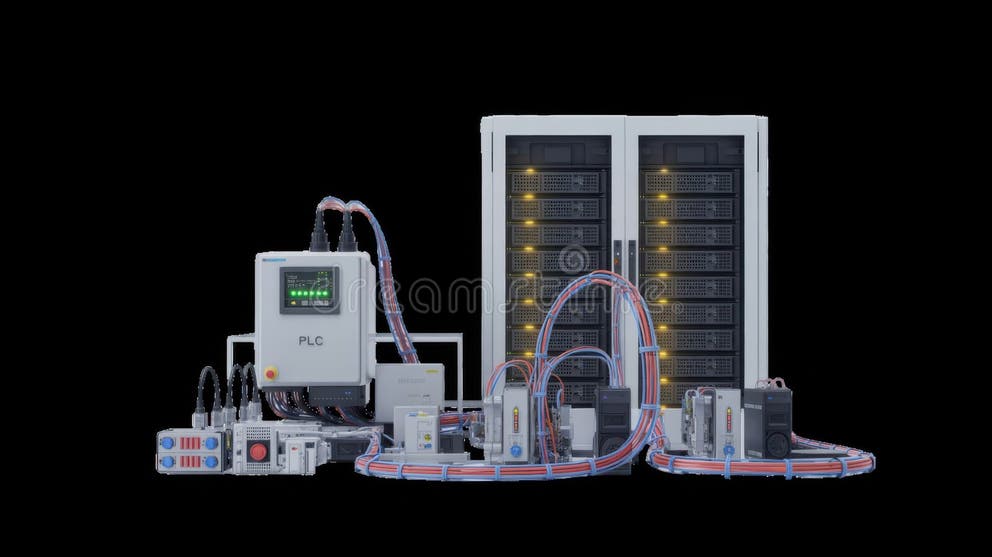 Programmable Logic Controller, Server Rack and Electrical Components on Transparent Background ...