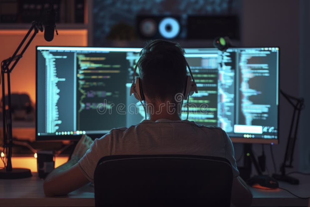 Programmer or Analyst Working on Computer, Coding Stock Illustration ...