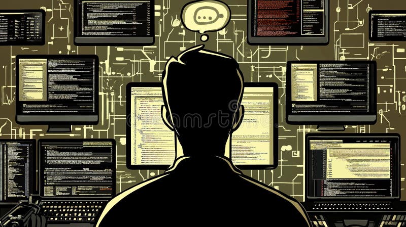 A Programmer Analyzes Complex Code On Multiple Monitors In A Dark