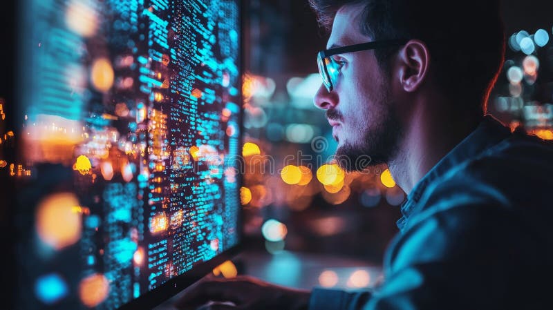 Programmer Analyzing Code on Digital Screen with Glowing Data Stock Photo - Image of techconcept ...