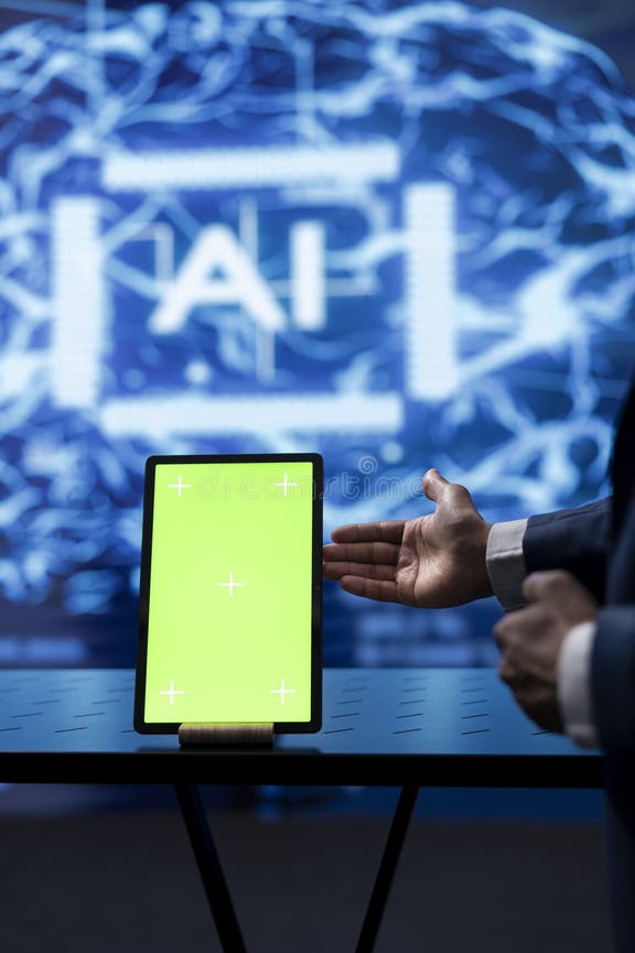 Programmer Analyzing Complex AI Brain Models on Green Screen Tablet ...