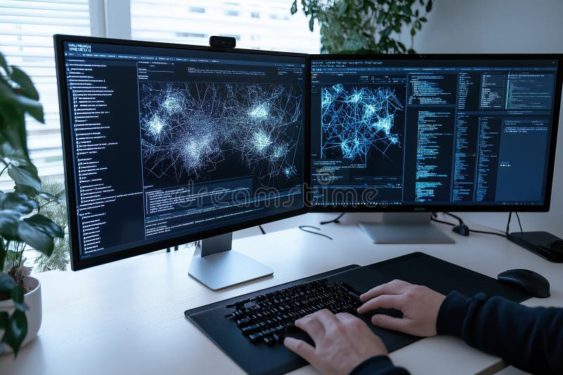 Programmer Analyzing Complex Network Data and Algorithms on Dual Monitors in a Modern Workspace ...