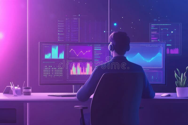 Programmer Analyzing Graphs And Code On Multiple Computer Screens In 8287