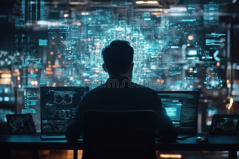 Programmer Analyzing Holographic Futuristic Big Data Visualization Using Augmented Reality in ...