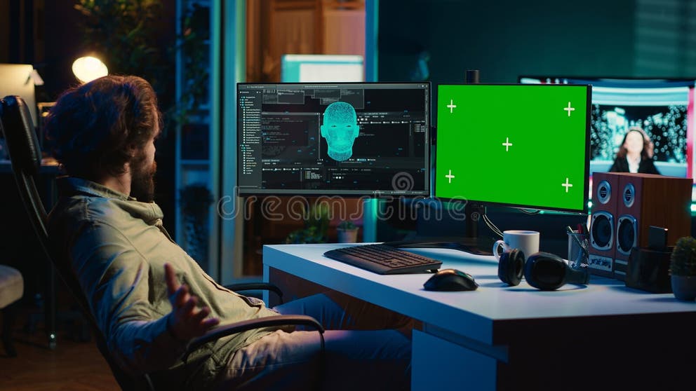 Man Communicating with Artificial Intelligence through Green Screen ...