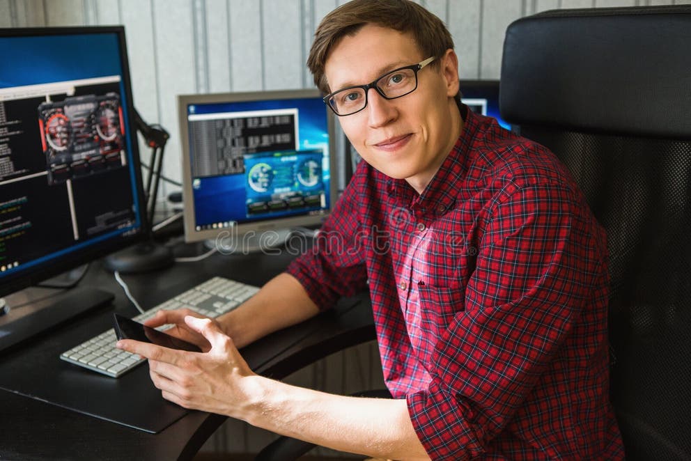 Programmer bitcoin mining stock image. Image of computer - 97534075