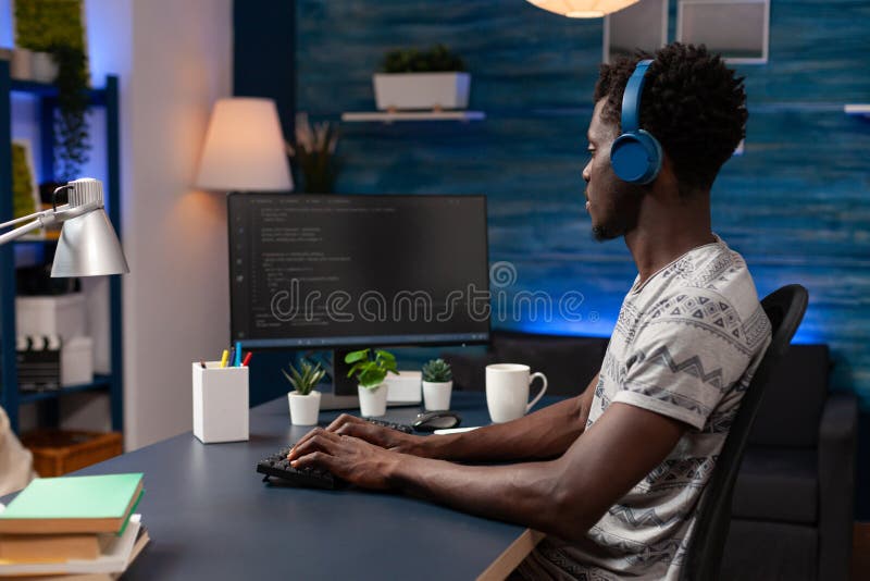 Programmer Businessman with Headset Typing Binary Code Stock Image ...