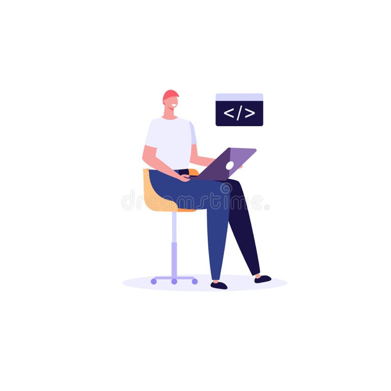 Programmer on Chair Writes Code. Concept of Programming, Software, Web ...