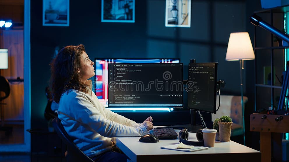 Programmer Checking Code on Computer Monitor and AR Visualization Stock Image - Image of display ...
