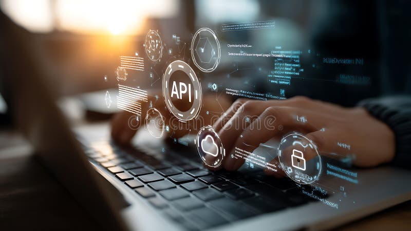 Programmer Typing Code on Laptop with Api Cloud and Security Overlay Hologram Technology ...
