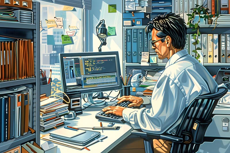 Programmer Codes Software Applications Diligently in Modern Office ...