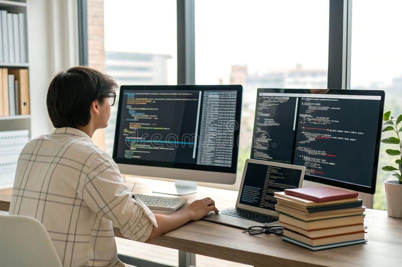 A Programmer Coding Ai On A Multi Monitor Setup Stock Illustration Illustration Of Tech