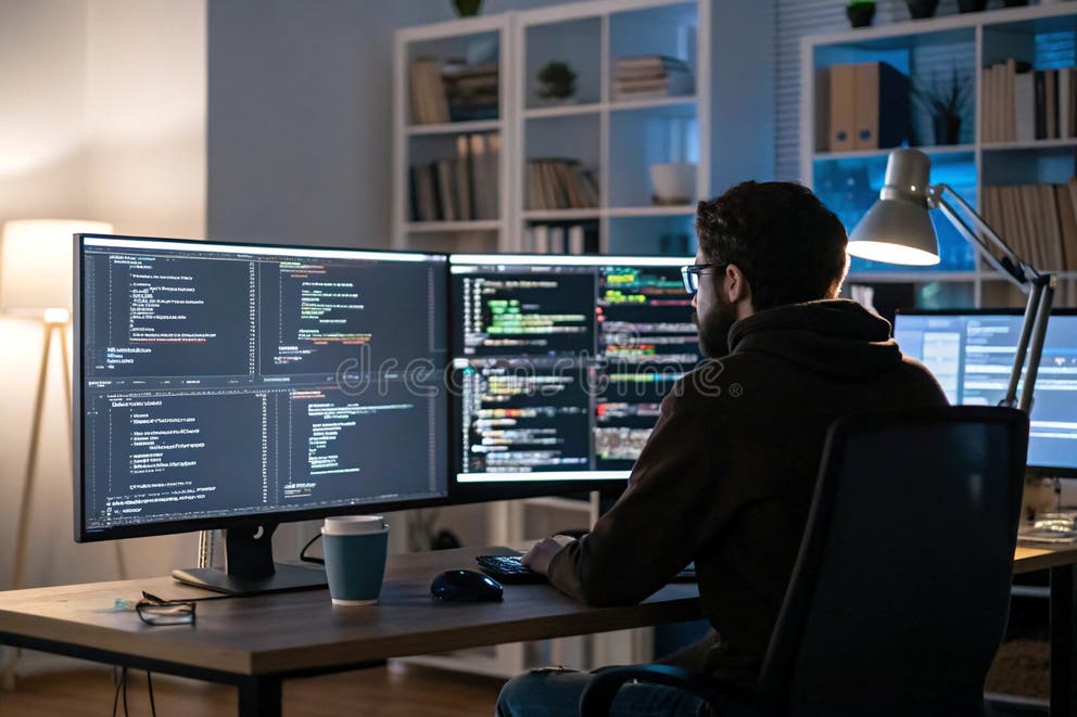 A Programmer Coding AI on a Multi-monitor Setup Stock Illustration ...