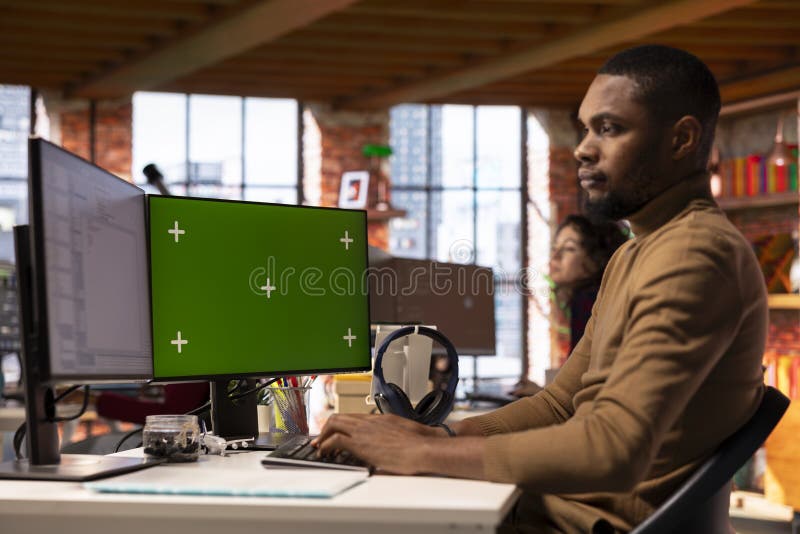 Programmer Coding in AI Startup Office Using Green Screen PC Stock Photo - Image of company ...