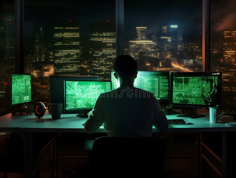 Programmer with Coding on a Computer in the Dark with a View of the ...