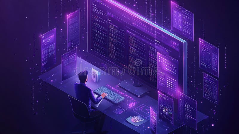 Programmer Coding on Computer, Surrounded by Digital Data and Interfaces Stock Illustration ...