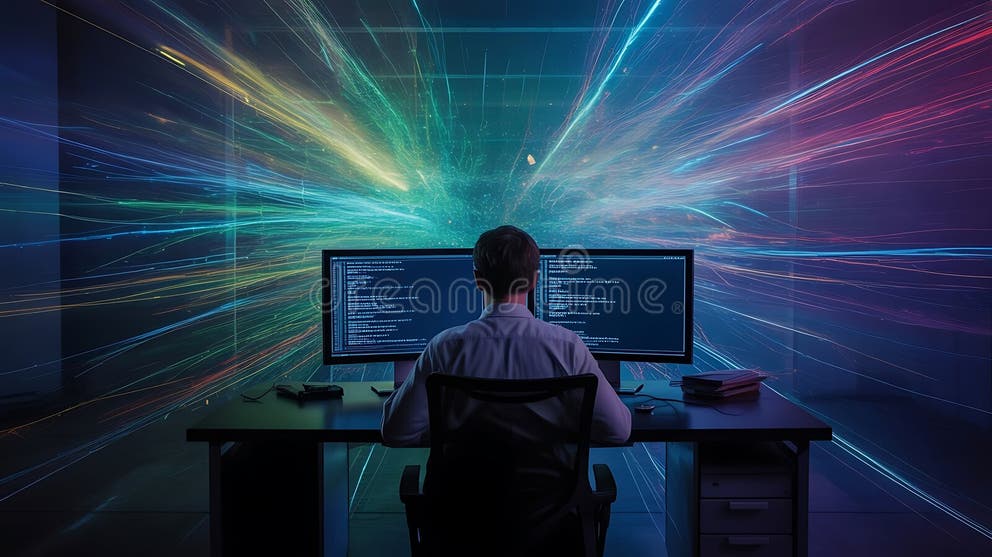 Programmer Coding at Desk with Dual Monitors Computer Stock Illustration - Illustration of back ...