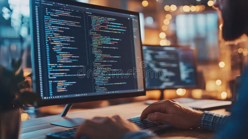 Programmer Coding on Desktop Computer in Modern Workspace Stock Image ...