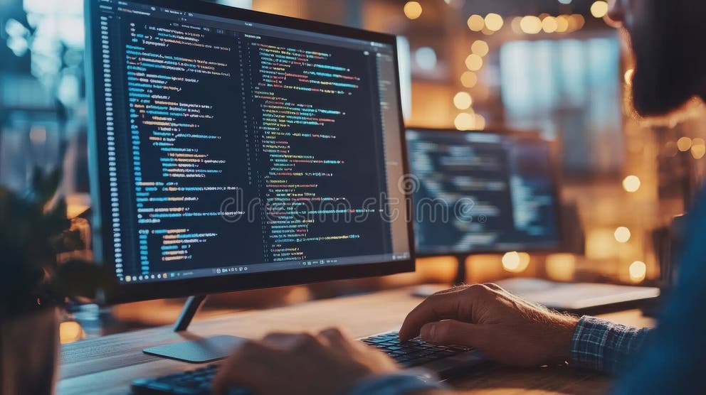 Programmer Coding On Desktop Computer In Modern Workspace Stock Image Image Of Technology