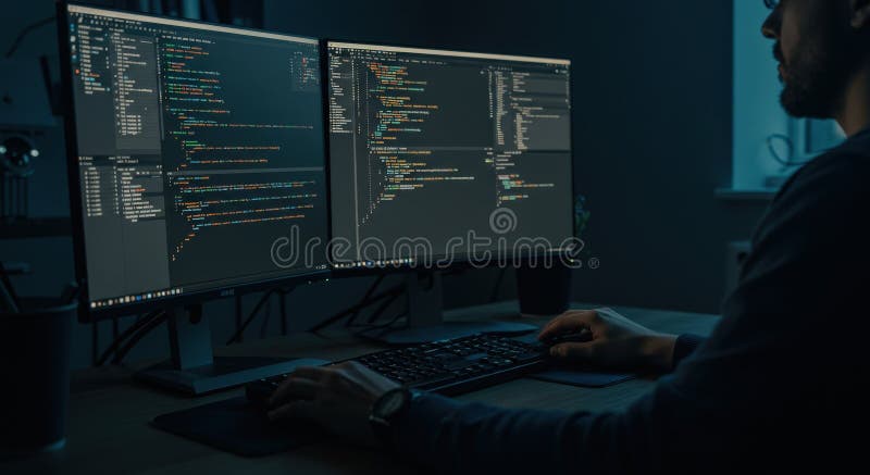 Programmer Coding on Dual Monitors Stock Illustration - Illustration of multitasking, workspace ...
