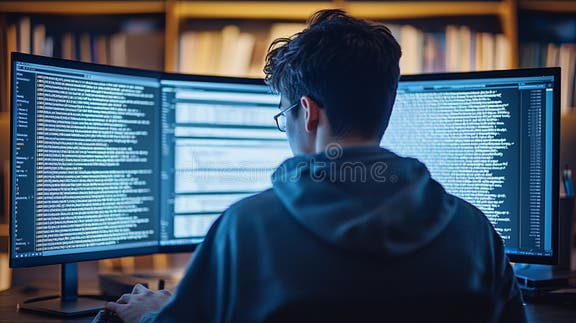 Programmer Coding on Dual Monitors Software Development Night Work Stock Image - Image of screen ...