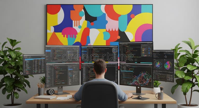 Programmer Coding on an Extensive Multi-monitor Setup in a Modern Office Stock Photo - Image of ...