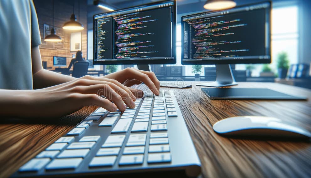 Illustration of Coder Working on a Computer in a Modern Workspace ...