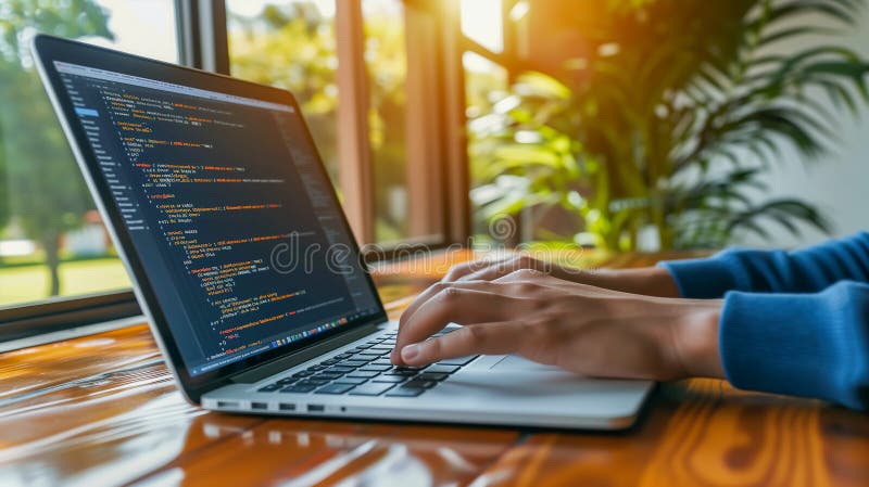 Programmer Coding on a Laptop in a Bright Workspace Stock Illustration - Illustration of project ...