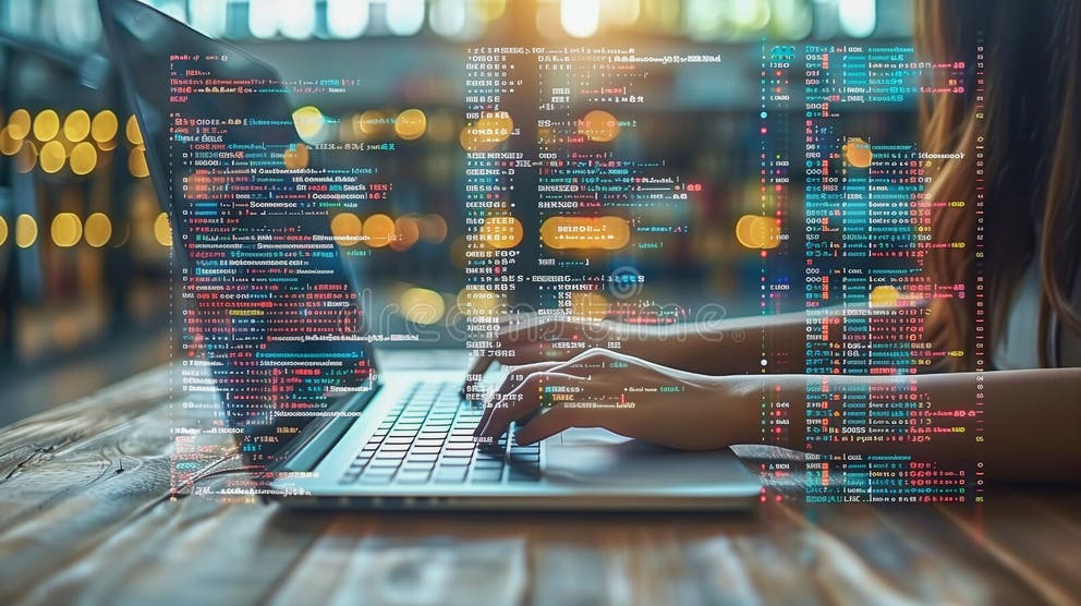 Programmer Coding on Laptop with Holographic Interface Stock ...