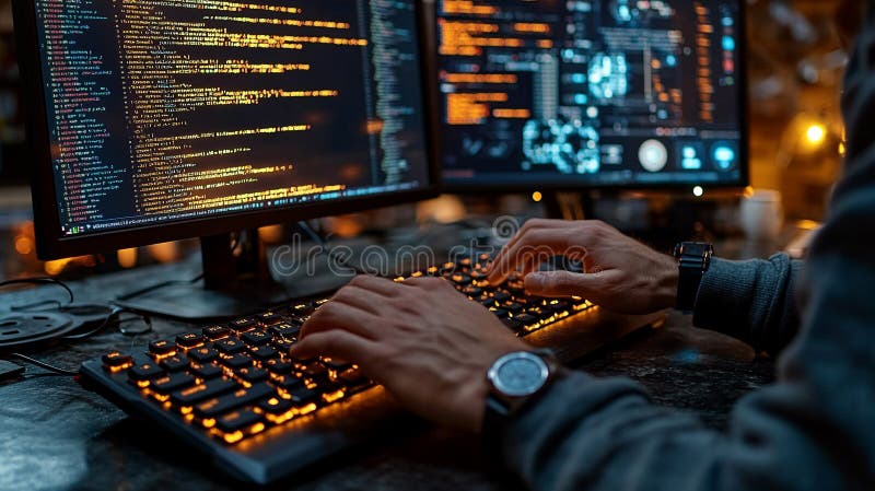 Programmer Coding Late at Night on Dual Monitors with Glowing Keyboard and Complex Interface. AI ...